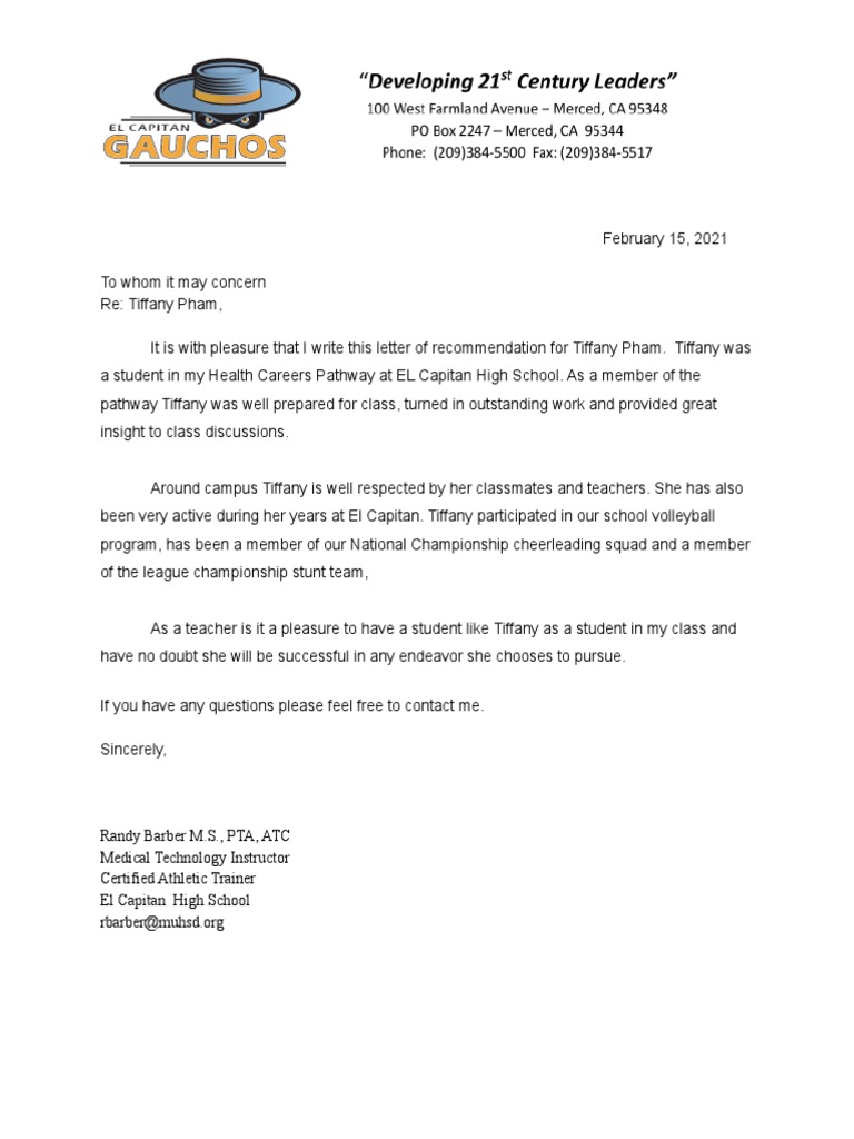 Recommendation Letter for Tiffany Pham | PDF | Wellness