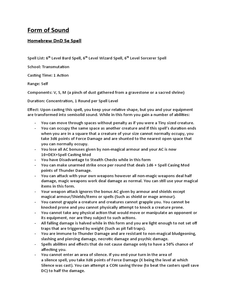 Form of Sound - 5e DND Hombrew Spell | PDF | Weaponry | Leisure