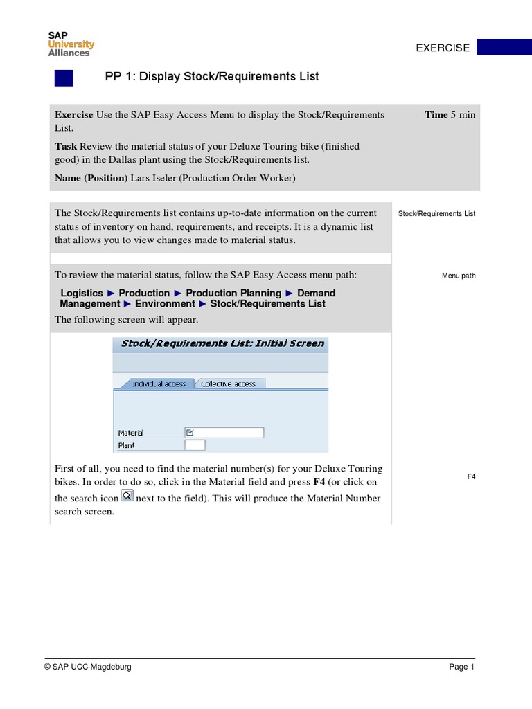 PP 1: Display Stock/Requirements List: Exercise Use The SAP Easy Access Menu To Display The ...
