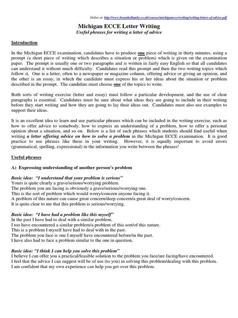 Michigan ECCE Letter Writing: Useful Phrases For Writing A Letter of ...