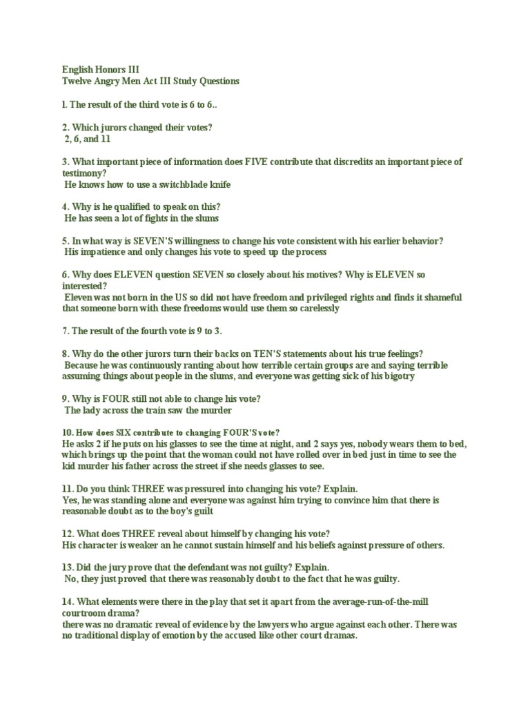12 Angry Men Act 3 Questions | PDF