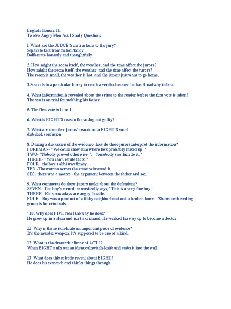 Act I Study Questions for Twelve Angry Men | PDF