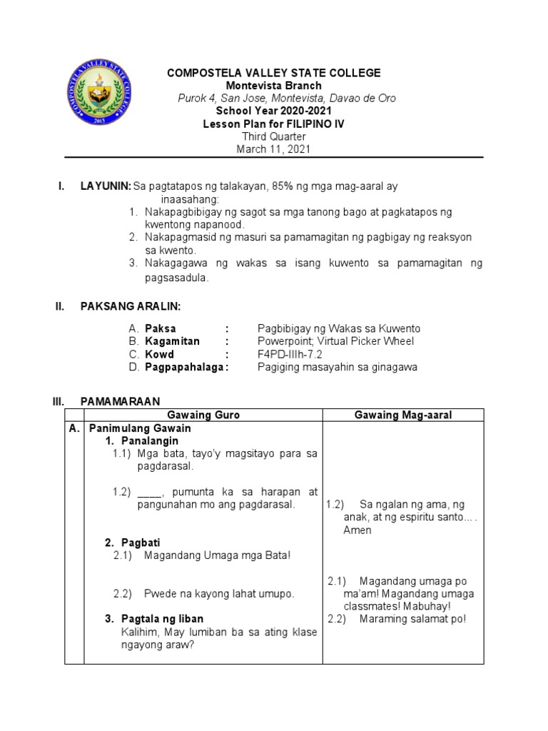 Banghay Aralin Sa Filipino | PDF