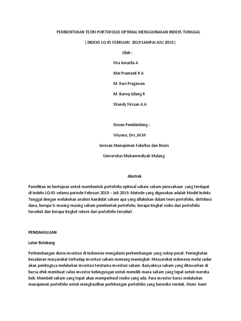 Pembentukan Teori Portofolio Optimal Menggunakan Indeks Tunggal | PDF