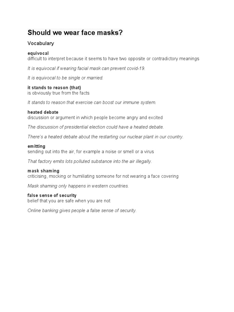 Vocabulary - Should We Wear Face Masks | PDF