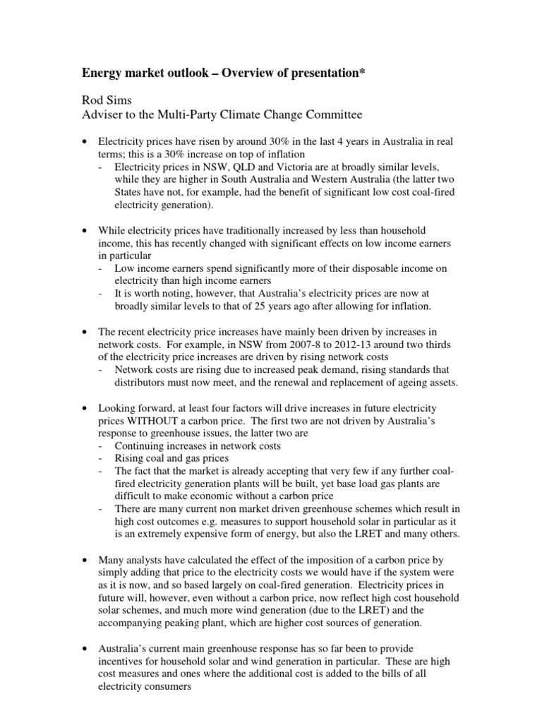 Rod Sims Energy Market Outlook | PDF | Electricity Generation ...