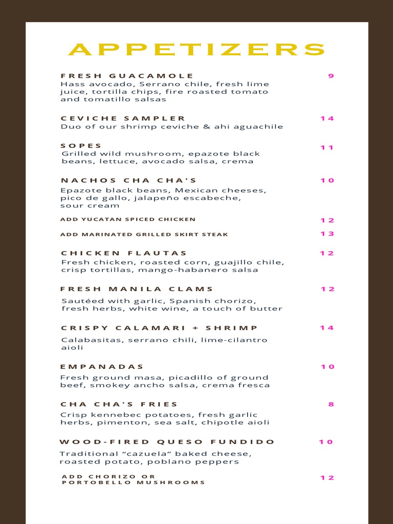 Cha Cha's Latin Kitchen Menu | PDF | Mexican Cuisine | Food Ingredients