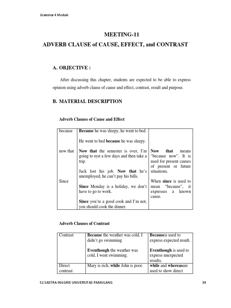 ADVERB CLAUSE of CAUSE, EFFECT, and CONTRAST | PDF | Noun | Adverb