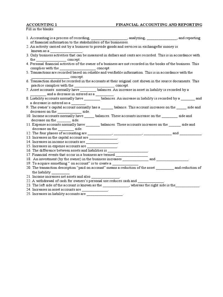 ACCOUNTING 1 FINANCIAL ACCOUNTING AND REPORTING (Fill in The Blanks ...