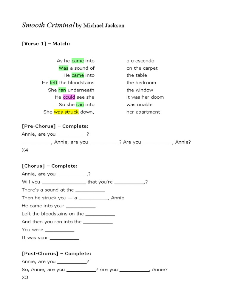 Michael Jackson Smooth Criminal Song Activities HARD | PDF
