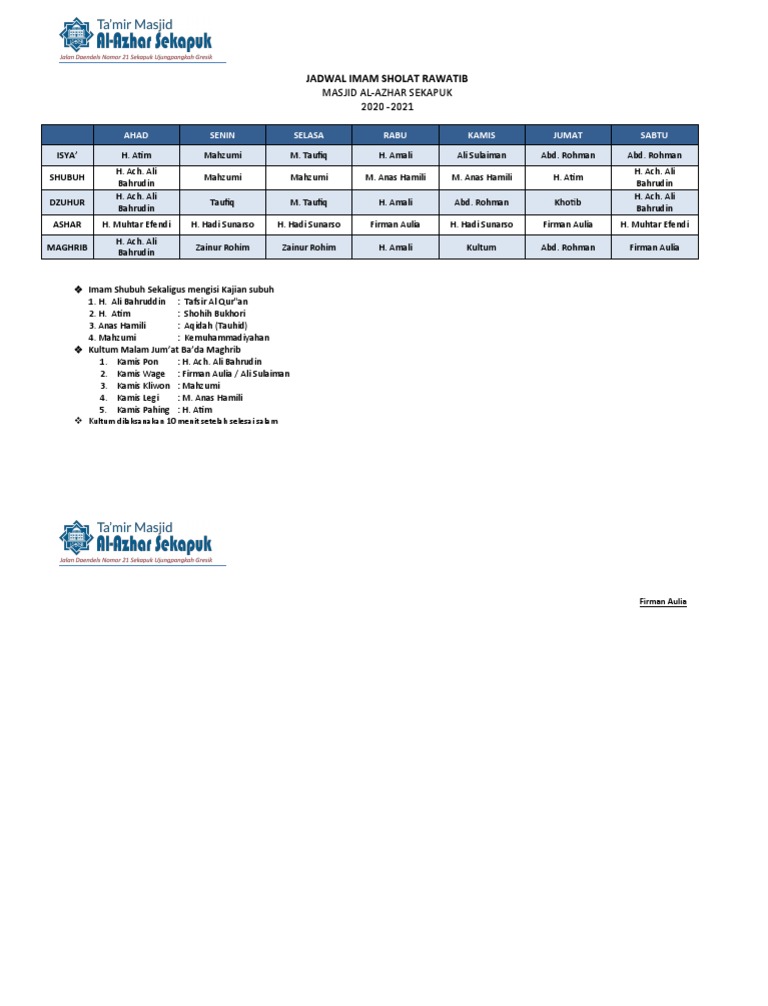 Jadwal Imam Sholat Rawatib | PDF