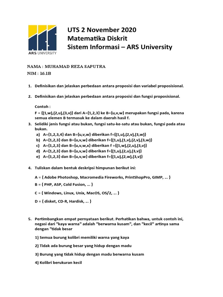 UTS 2 November 2020 Matematika Diskrit Sistem Informasi - ARS University | PDF
