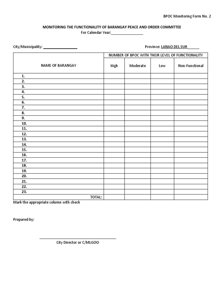 BPOC Functionality Monitoring Form | PDF