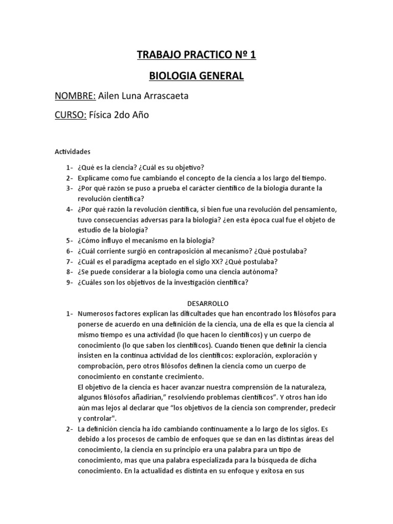 TRABAJO PRACTICO #1 BIOLogia | PDF | Vitalismo | Biología