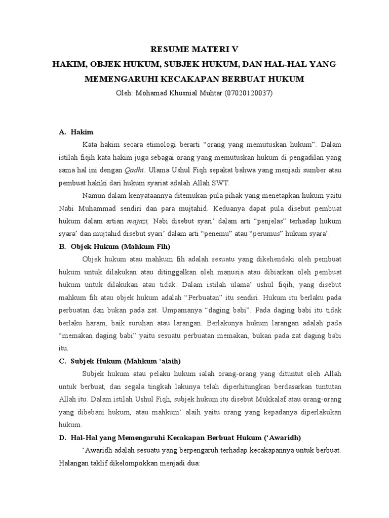 Hakim, Objek Hukum, Dan Subjek Hukum (Resume) | PDF