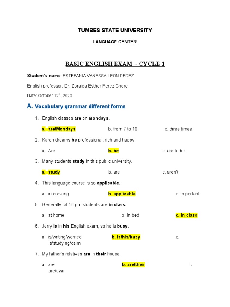 Basic English Exam - Cycle 1: Tumbes State University | PDF | English ...