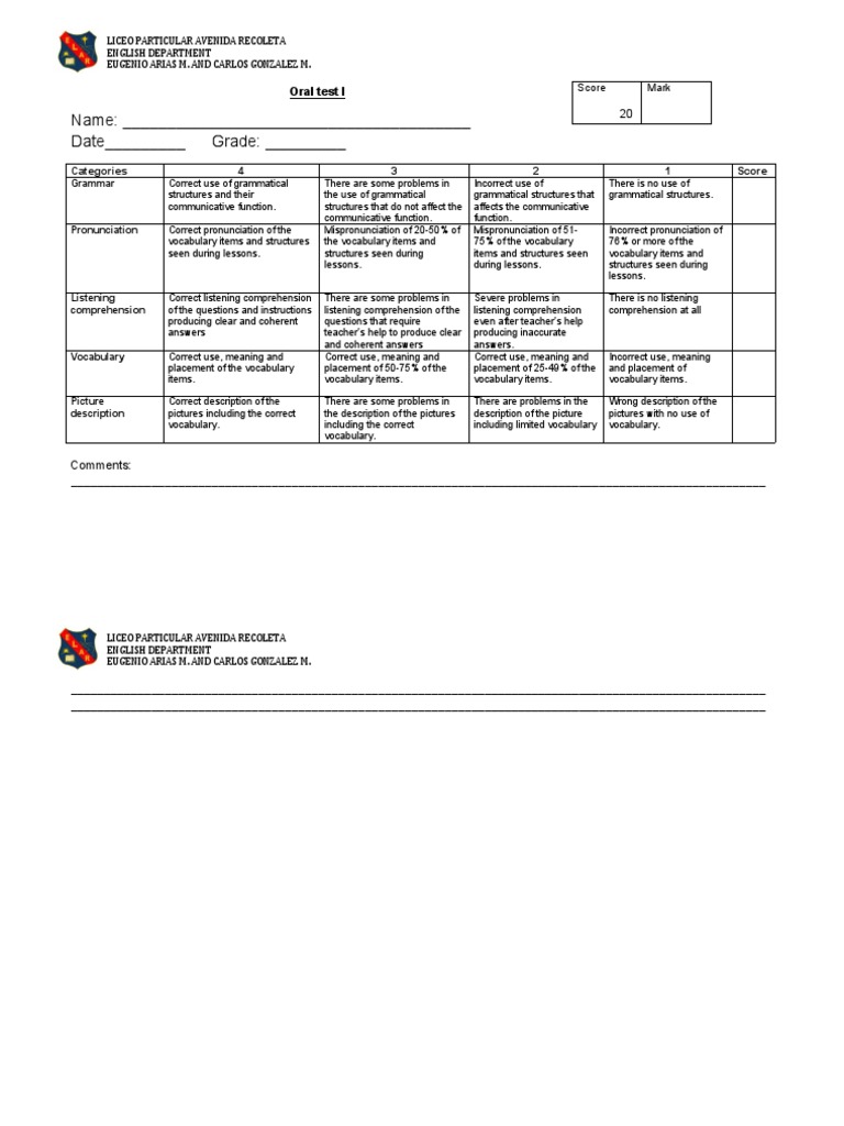 Rubric Oral Test | PDF | Vocabulary | Grammar