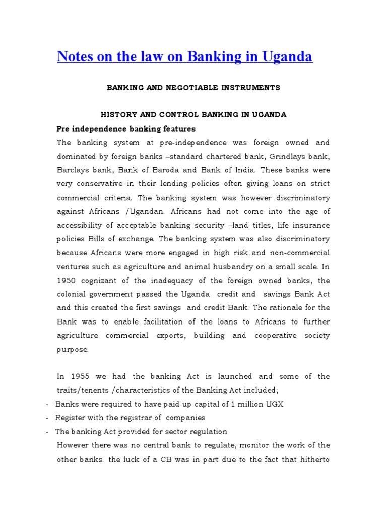 Notes On The Law On Banking in Uganda: Banking and Negotiable ...