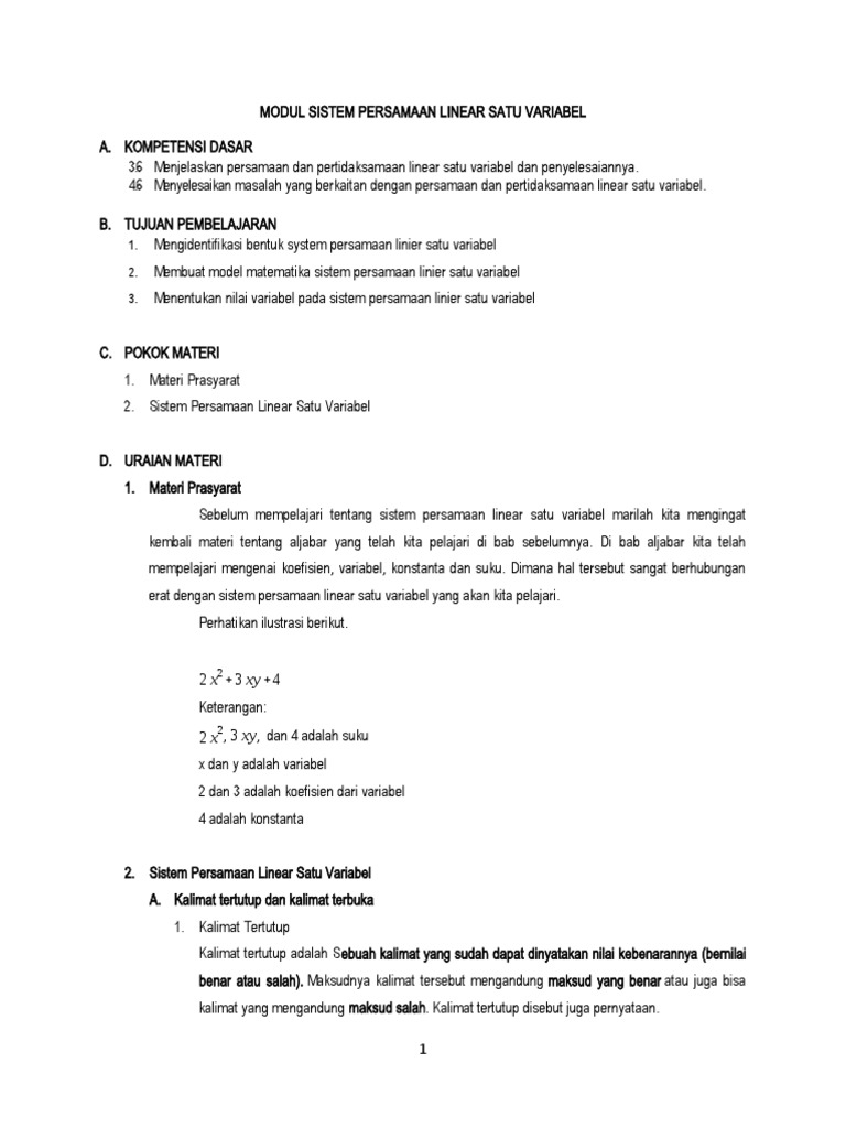 Modul Persamaan Linear Satu Variabel | PDF