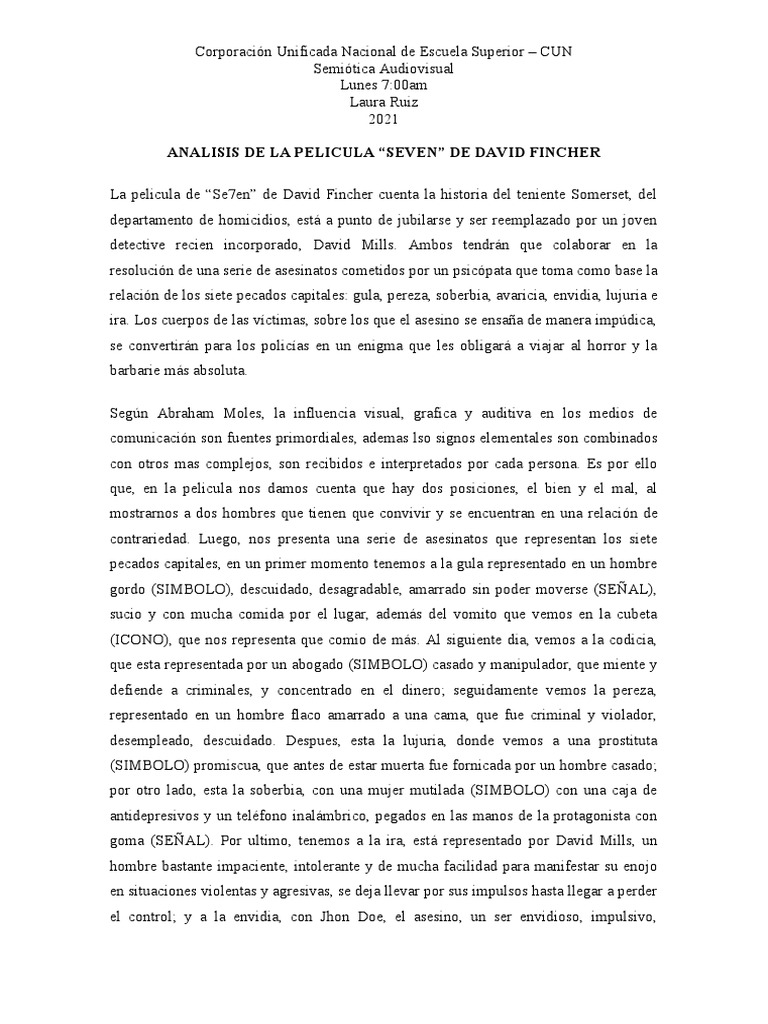 Análisis Semiótico de "Se7en" | PDF | Siete pecados capitales ...