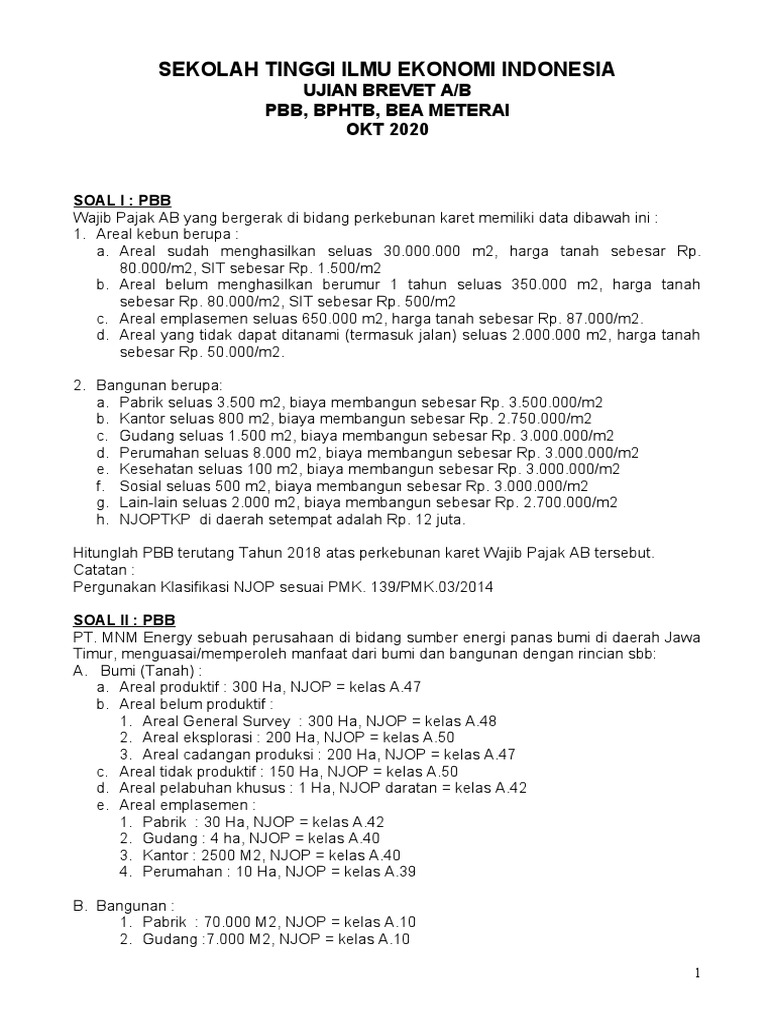 SOAL PBB, BPHTB, Bea Meterai BREVET AB STEI NOV 2020 | PDF