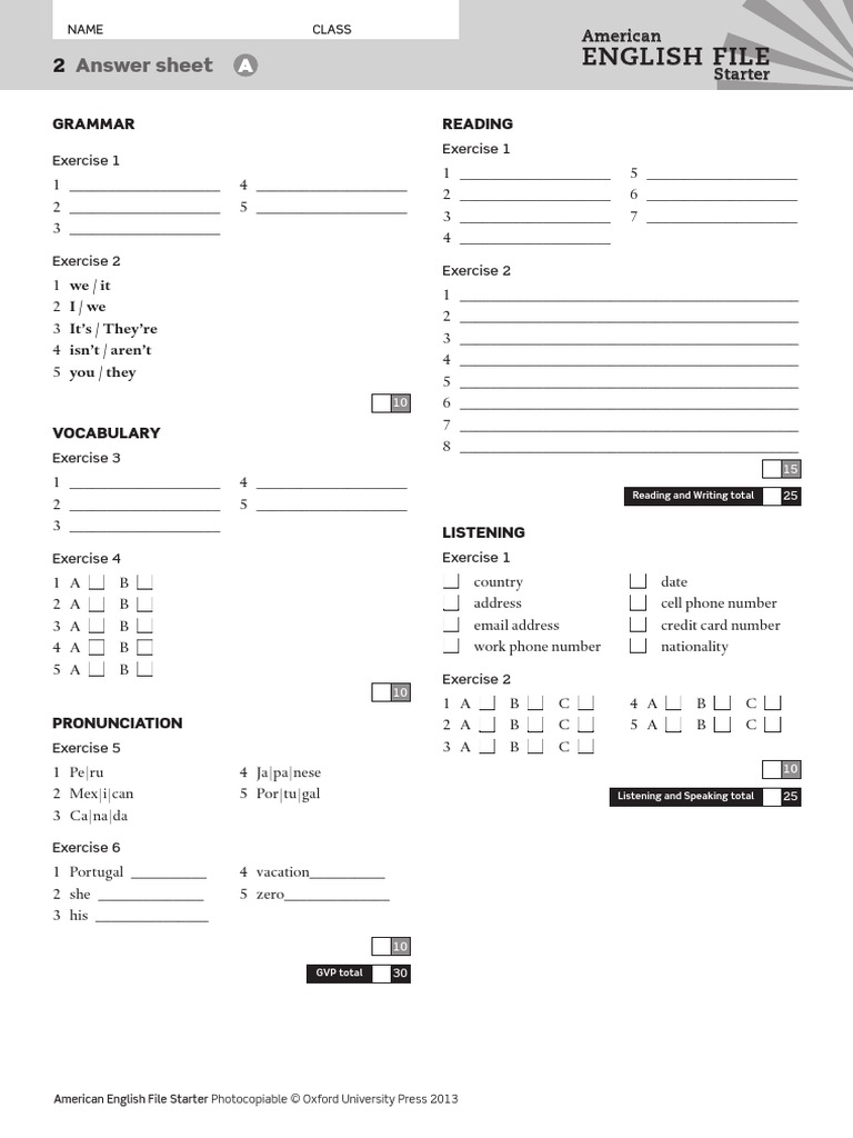 AEF0 File2 TestA AnswerSheet | PDF | Cognition | Communication