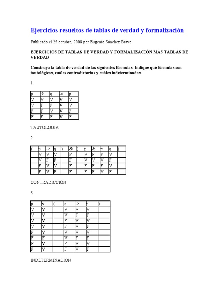 Ejercicios Resueltos de Tablas de Verdad y | PDF | Ocio | Metalogica Ejercicios Resueltos de Tablas de Verdad y | PDF | Ocio | Metalogica