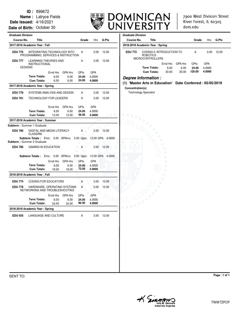 Dominican University Transcripts | PDF | Course Credit | Educational ...