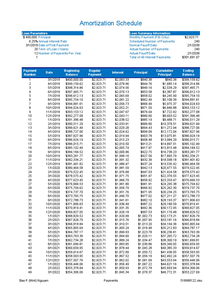 Amortization Schedule: Loan Parameters Loan Summary Information | PDF ...