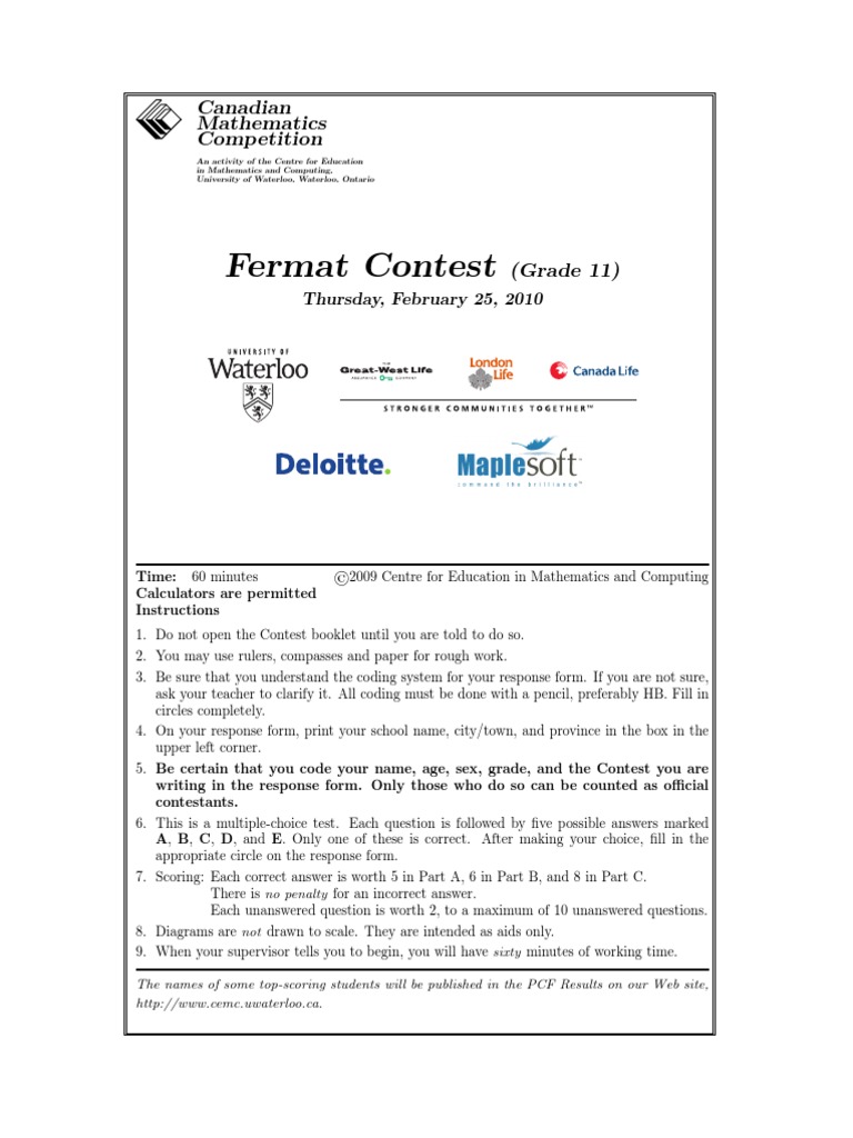 Fermat Contest: Canadian Mathematics Competition | PDF | Rectangle ...
