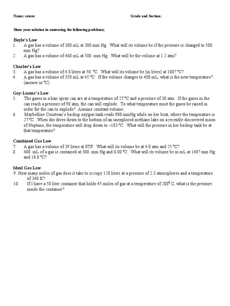 GAS LAWS - QUIZ 1lol | PDF