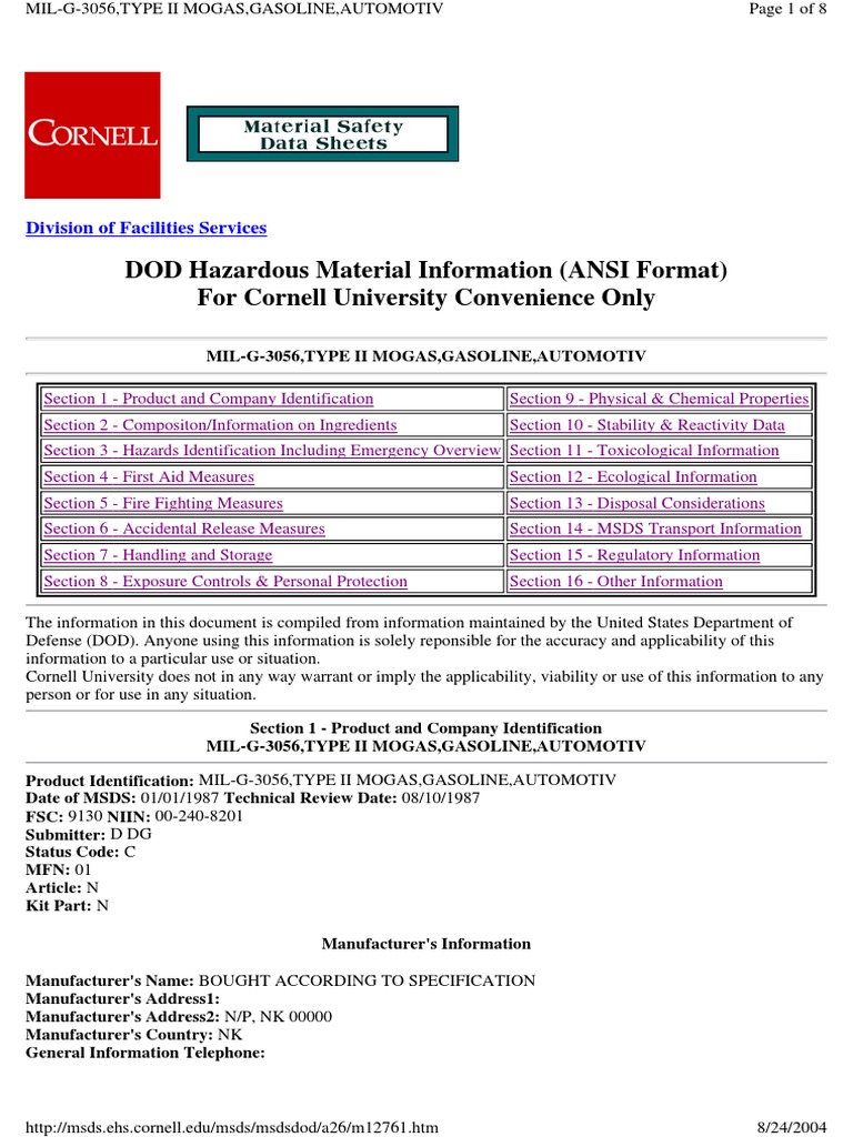 DOD Hazardous Material Information (ANSI Format) For Cornell University Convenience Only | PDF ...