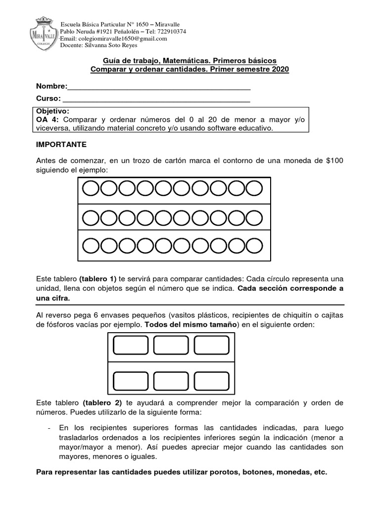 Guía Matemáticas 1° 4 Comparar Números Hasta El 10 | PDF