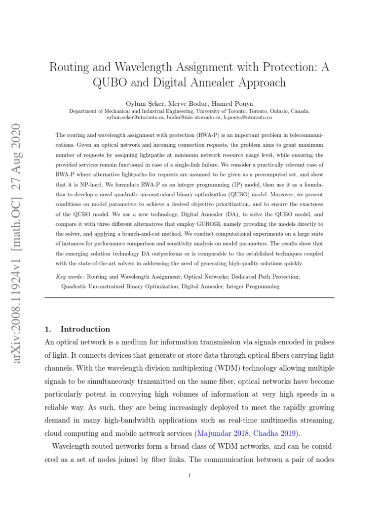 Routing And Wavelength Assignment With Protection A Qubo And Digital Annealer Approach Pdf