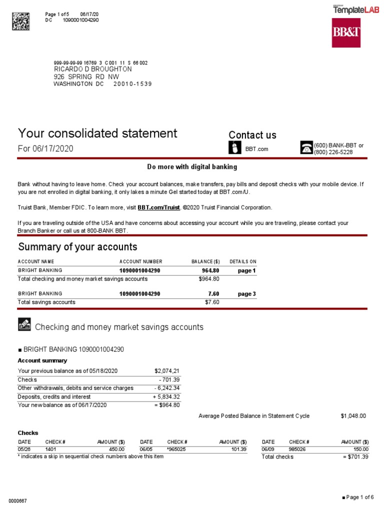 BB&T Bank Statement Word Template | PDF | Cheque | Financial Transaction