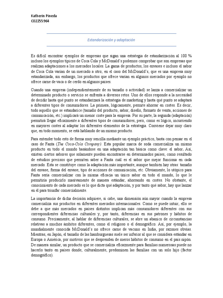 Adaptacion Vs Estandarizacion | PDF | Coca Cola | Producto (Negocio) Adaptacion Vs Estandarizacion | PDF | Coca Cola | Producto (Negocio)