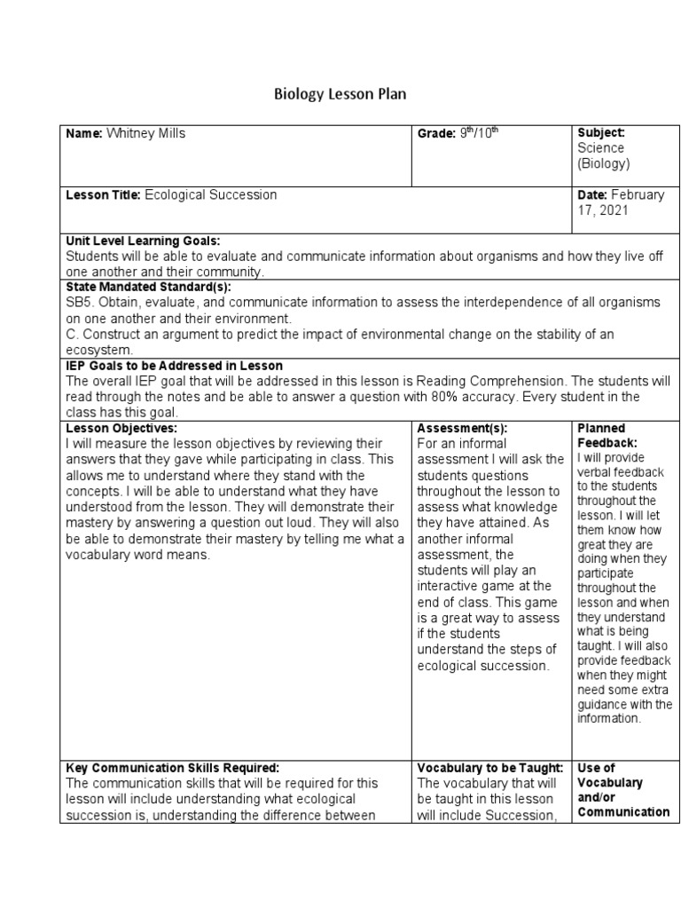 Biology Lesson Plan | PDF | Differentiated Instruction | Educational ...
