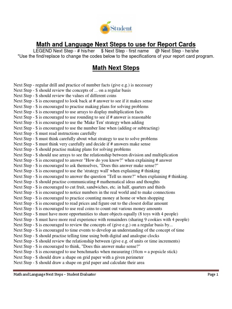 Math and Language Next Steps To Use For Report Cards | PDF | Cognition ...