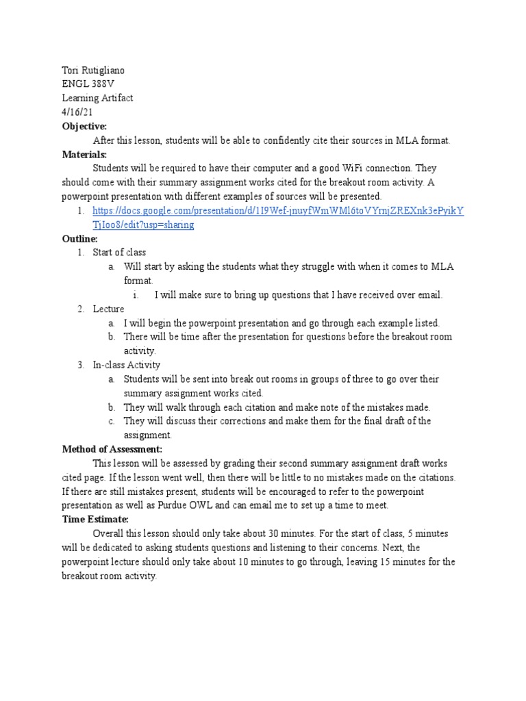 Lesson Plan For Learning Artifact - 2 | PDF | Career & Growth | Art