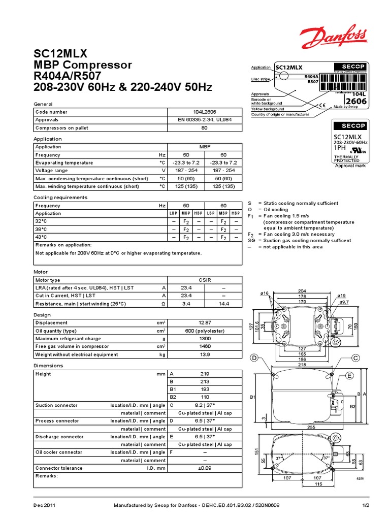 Sc12Mlx MBP Compressor R404A/R507 208-230V 60Hz & 220-240V 50Hz | PDF ...