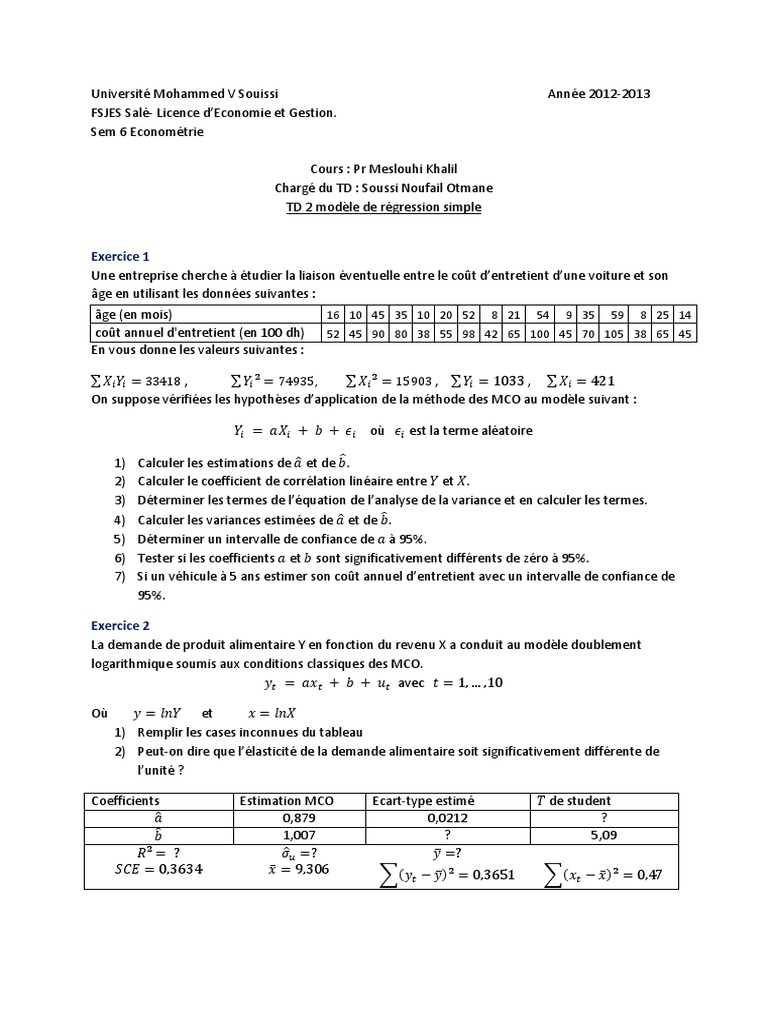 Exercice corrigé : régression linéaire simple | PDF | Régression ...