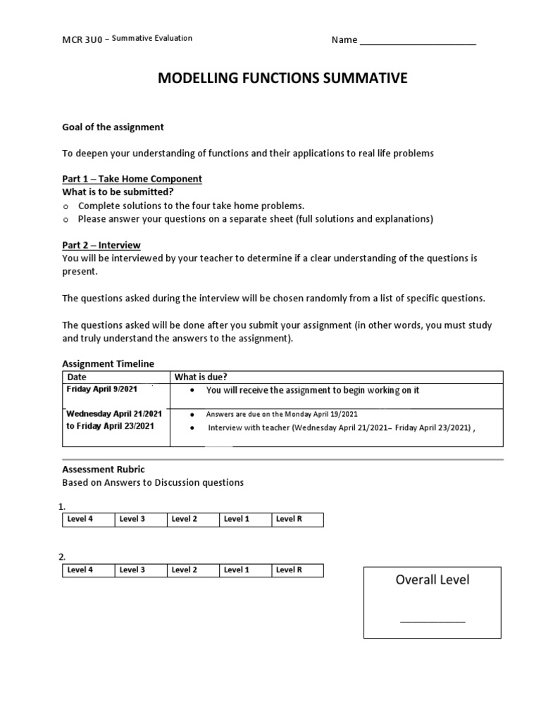 Modelling Functions Summative JANUARY 2016: Goal of The Assignment ...
