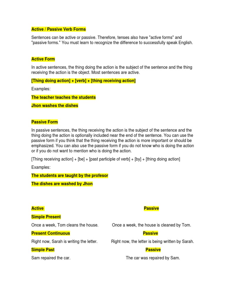 Active vs Passive Verb Forms Guide | PDF | Verb | Grammar