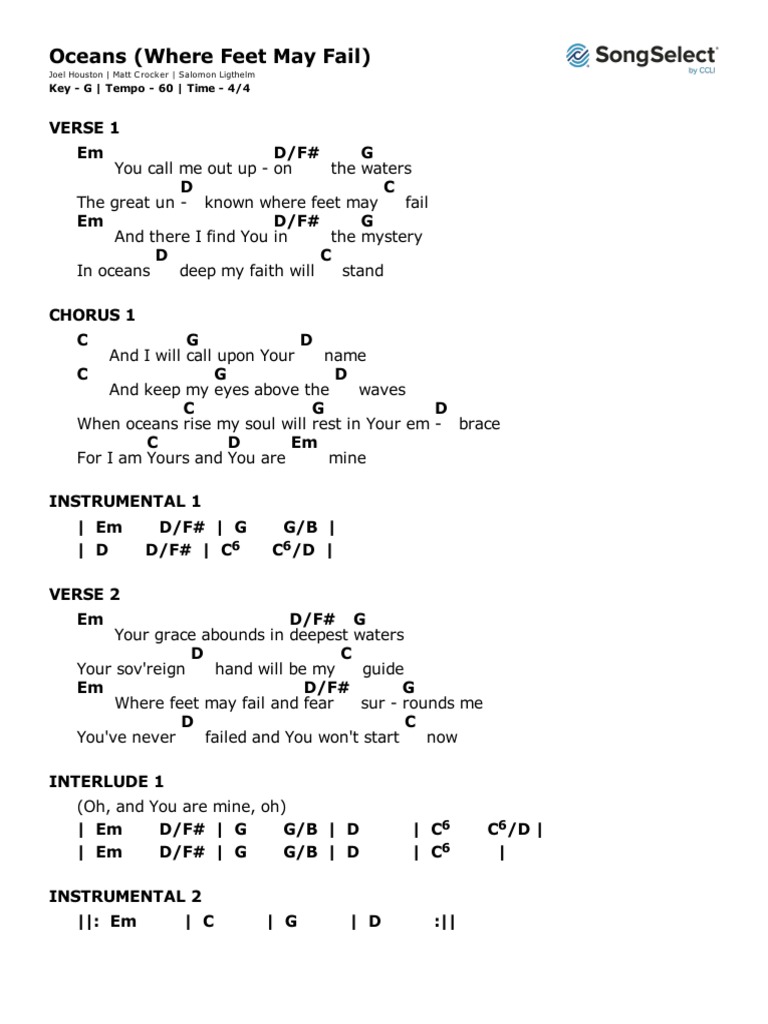 Oceans Chord Chart | PDF | Song Structure | Religious Belief And Doctrine
