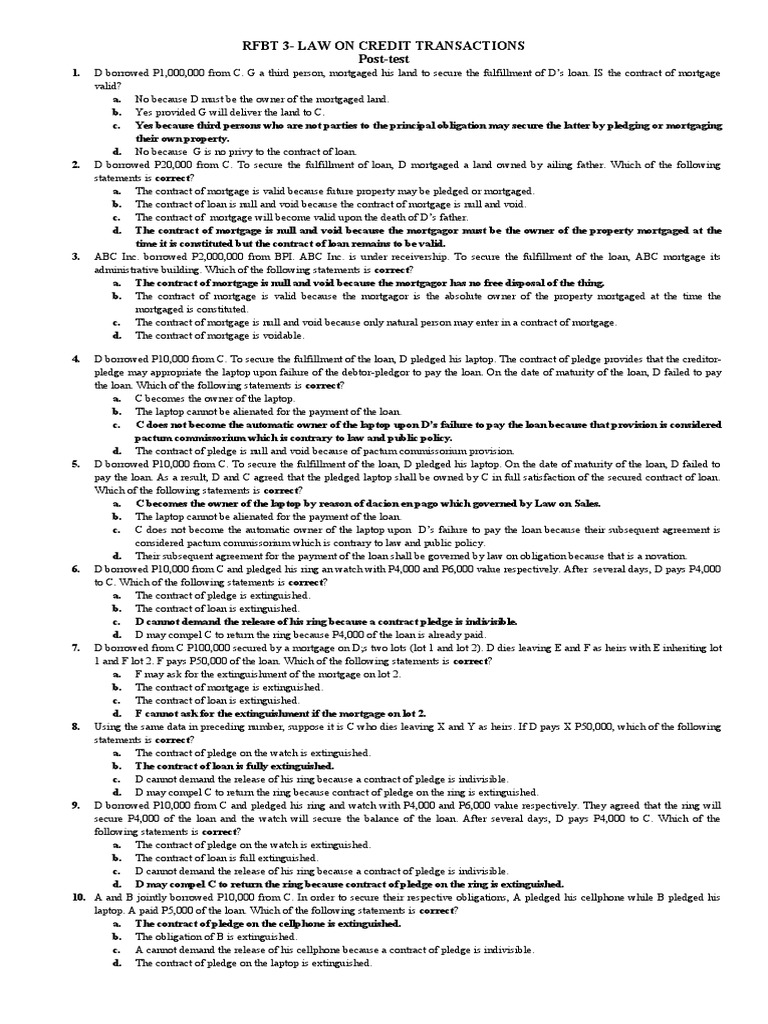 RFBT 3-Law On Credit Transactions Post-Test | Download Free PDF ...