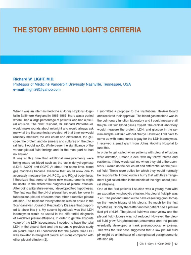 Light's Criteria for Pleural Effusions | PDF | Lactate Dehydrogenase ...