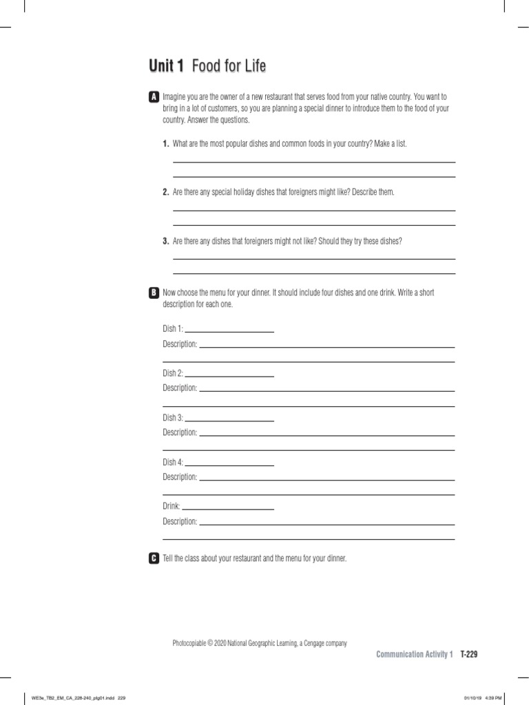 Unit 1 Food For Life: Photocopiable © 2020 National Geographic Learning ...