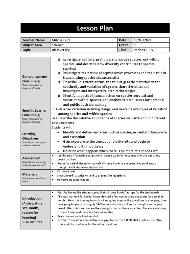 9th Grade Science Lesson on Biodiversity | PDF | Species | Biodiversity