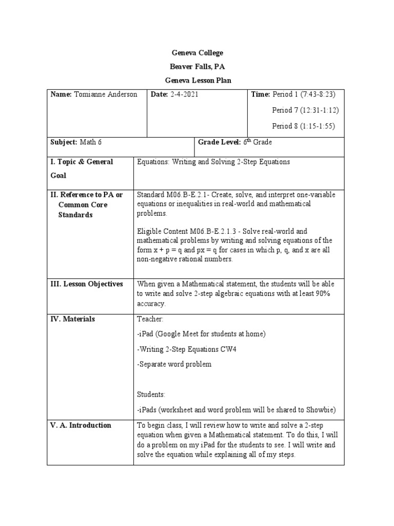2 4 21 Lesson Plan Math 6 | PDF | Equations | Common Core State ...