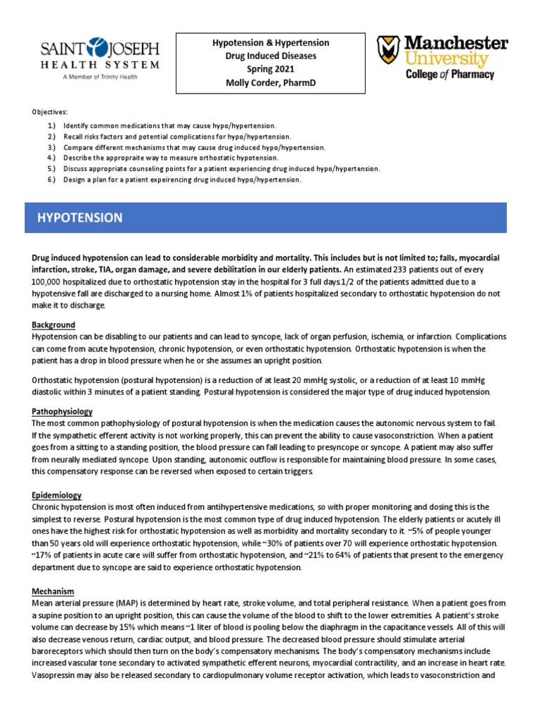 Hypotension Hypertension Drug Induced Diseases Handout Final 5 | PDF ...